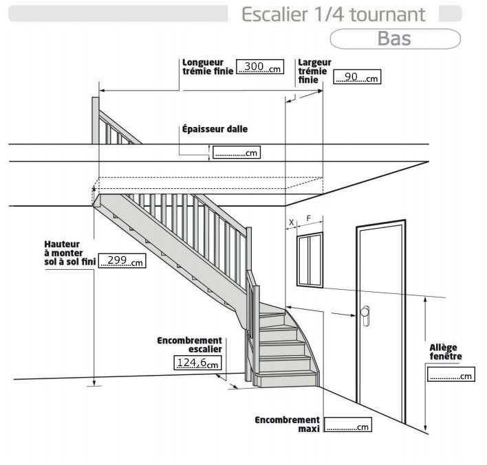 Escalier Quart Tournant Bas Droite Hêtre Massif Trémie 300x90 Cm